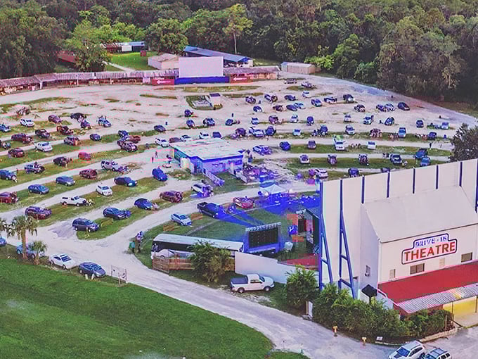 An aerial view that captures the magic of movie night under Florida stars&mdash;cars arranged like a giant game of Tetris, all facing the cinematic mothership.