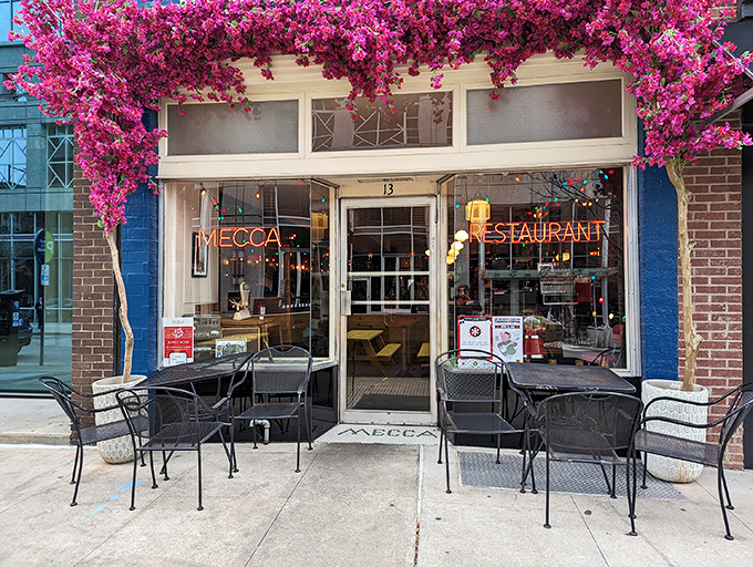 The bougainvillea-framed entrance to Mecca Restaurant isn't just Instagram-worthy&mdash;it's like Mother Nature herself decided this place deserved a special announcement. 
