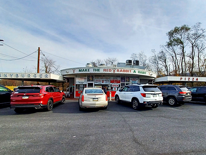 The iconic Red Rabbit sign beckons hungry travelers like a neon lighthouse on Route 322. Make it a habit, indeed!