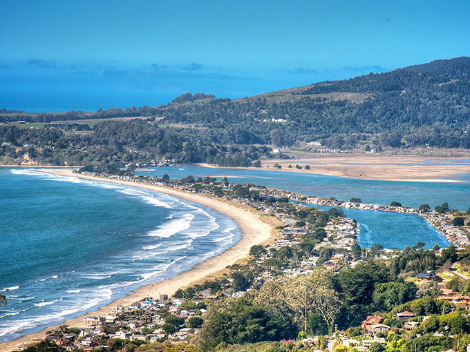 The crescent embrace of Stinson Beach, where the Pacific meets Mount Tamalpais. Nature's perfect sandwich of mountains, beach, and sea.