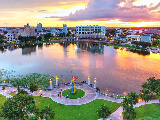 Downtown Lakeland's historic charm unfolds like a vintage postcard come to life, complete with palm trees, Spanish architecture, and Florida sunshine that makes everything glow.
