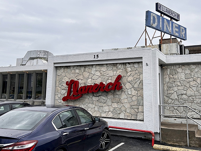 The iconic stone facade and vintage signage of Llanerch Diner stands as a beacon of breakfast hope for hungry Pennsylvania travelers.