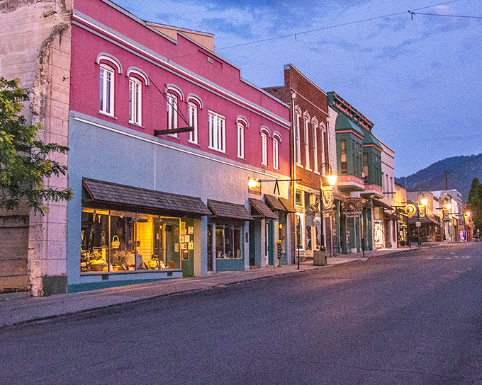 Miner Street at dusk transforms into a painting come to life, where Gold Rush architecture meets small-town magic under the glow of early evening lights.