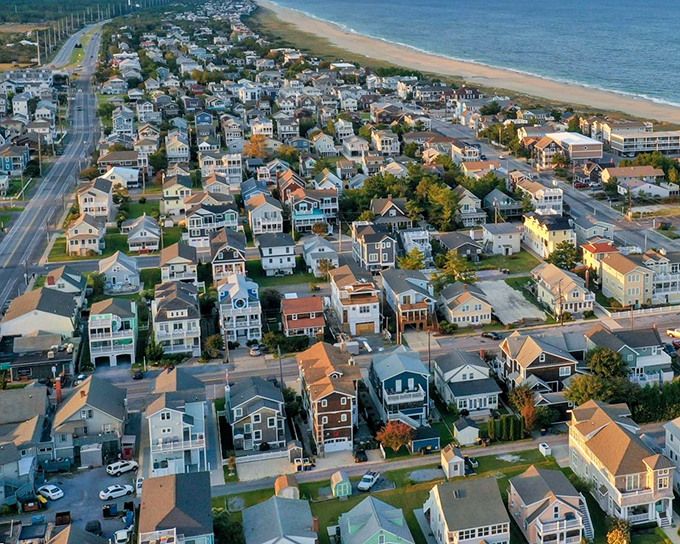 Aerial dreams come true in Bethany Beach, where colorful beach houses form a perfect patchwork leading to golden sands and the endless Atlantic horizon.