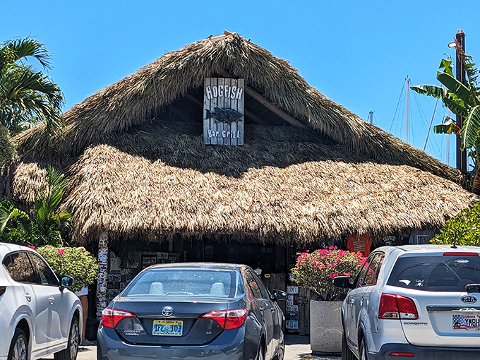 Thatched roofs and tropical foliage welcome you to this hidden gem, where paradise begins with a wooden bench and ends with unforgettable seafood.