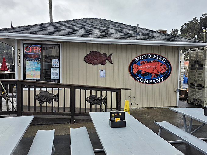 The unassuming exterior of Noyo Fish Company proves once again that the best seafood often comes from places where fishing boats outnumber parking spaces.