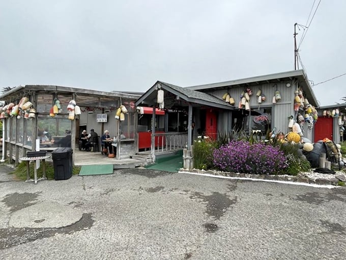 The quintessential coastal shack fantasy come to life&mdash;colorful buoys dangling like maritime Christmas ornaments against weathered wood that's seen a thousand foggy mornings.