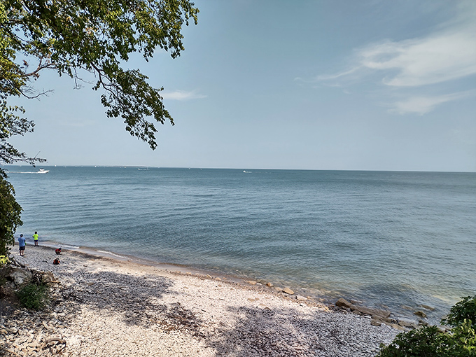 Lake Erie stretches endlessly beyond this peaceful shoreline, where time moves at the perfect vacation pace.