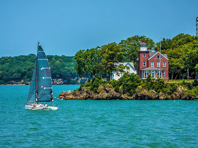 This aerial view reveals South Bass Island's secret: it's basically Ohio's answer to a tropical paradise, minus the coconuts.