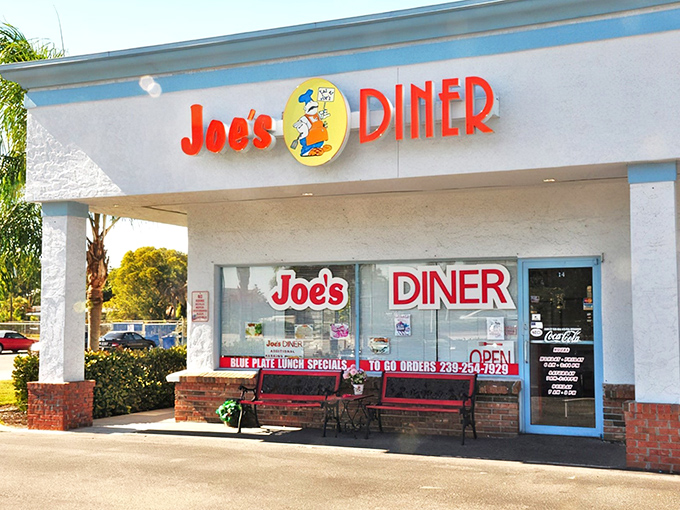The classic red and blue signage of Joe's Diner beckons like an old friend promising comfort food and conversation in equal measure.