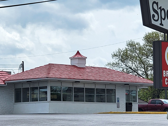 The iconic red roof of Speck's stands out like a beacon for hungry travelers, promising comfort food nirvana in suburban Pennsylvania.
