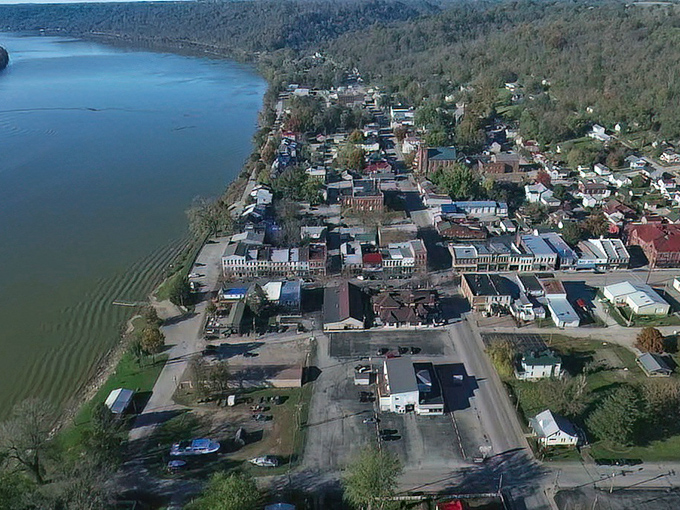Ripley unfolds like a storybook from above, where the Ohio River curves gracefully alongside historic buildings that have witnessed centuries of American history.