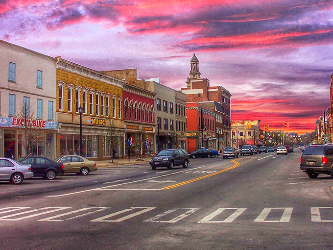 Sunset paints Norwalk's Main Street in cinematic hues that would make Wes Anderson jealous. Historic facades stand proudly against a sky on fire.