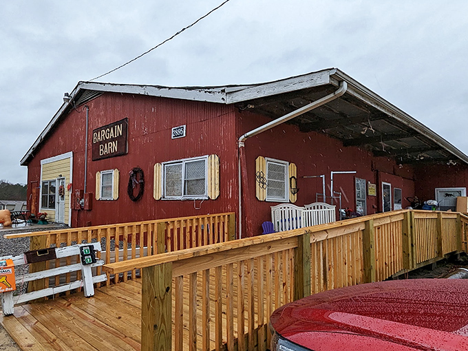 That classic red barn exterior promises treasures within, like a rustic jewelry box waiting to be opened.