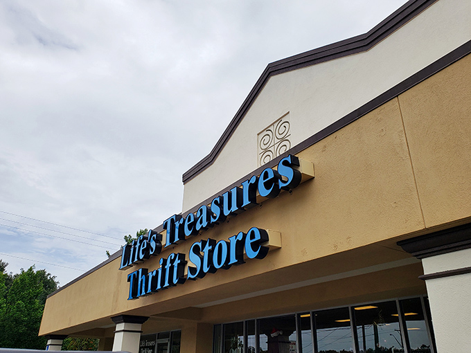 The bright blue signage of Life's Treasures stands out like a beacon for bargain hunters, promising adventures in affordable retail therapy. 
