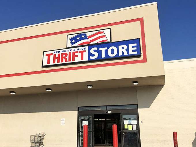 The unassuming exterior of Red White & Blue Thrift Store in Laurel &ndash; where treasure hunting adventures begin behind a patriotic fa&ccedil;ade.