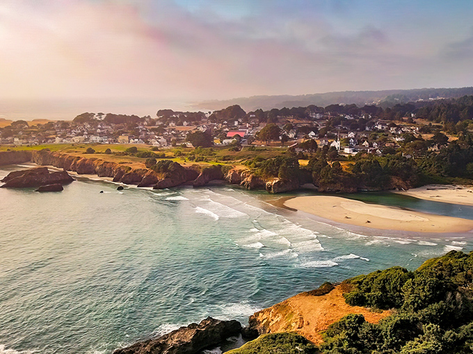 Mendocino greets the morning with a golden glow that makes you understand why artists have been flocking here for decades to capture this light.