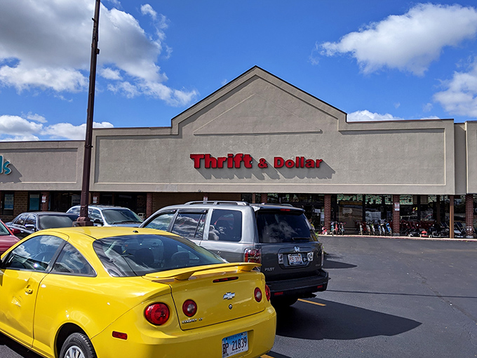 The unassuming exterior of Thrift & Dollar Inc belies the wonderland within. Like a treasure chest disguised as a strip mall tenant, it beckons bargain hunters and collectors alike.