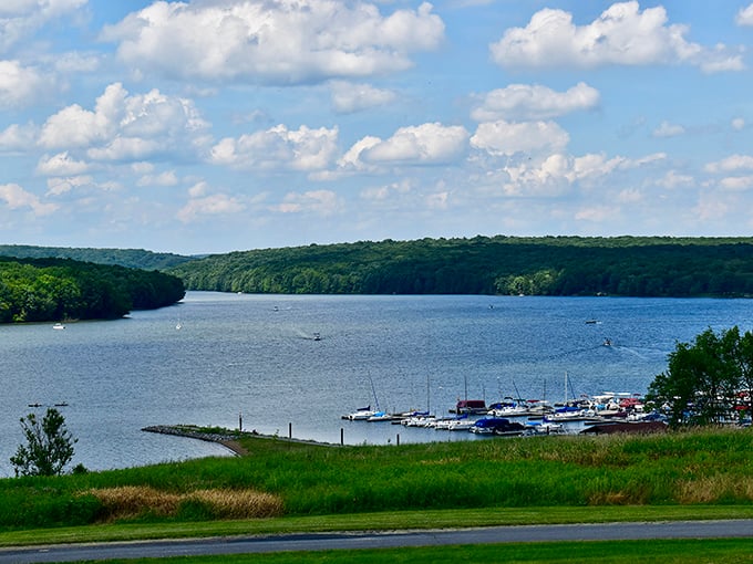 Marina magic at its finest! Boats dot the shoreline while Glendale Lake stretches toward the horizon, inviting adventurers to explore its 26 miles of pristine Pennsylvania shoreline.