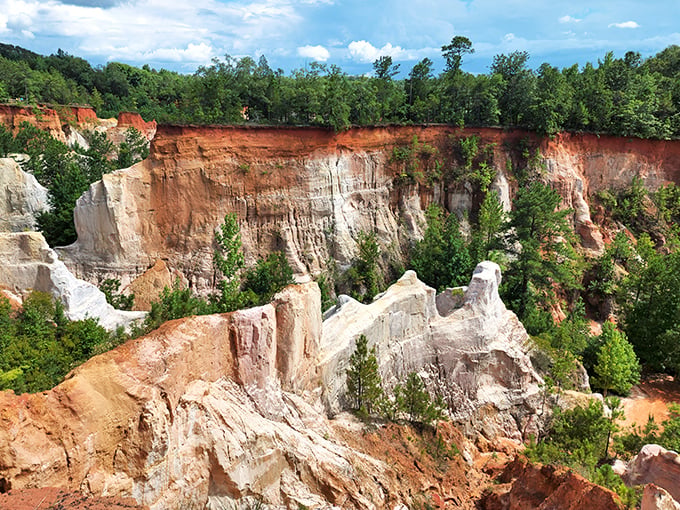 Nature's masterpiece unfolds in layers of red, white, and orange sediment that defy Georgia geography.