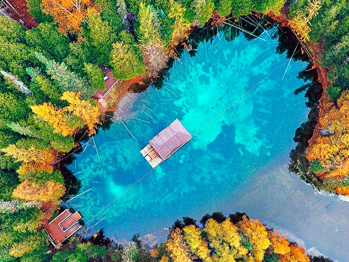 Nature's own infinity pool! This aerial view showcases Kitch-iti-kipi's otherworldly blue-green waters surrounded by Michigan's autumn splendor.