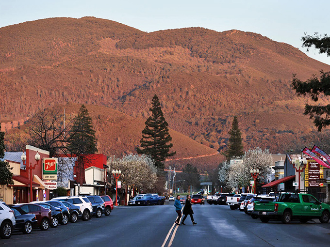 Main Street magic! Kelseyville's downtown stretches toward Mount Konocti, offering that perfect small-town vibe where rush hour means three cars at the stop sign.