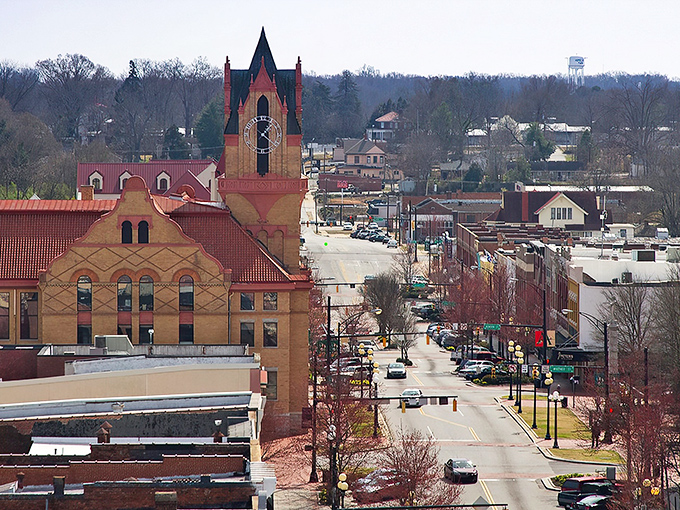 Downtown Anderson showcases its historic charm with that stunning courthouse tower standing sentinel over Main Street like an architectural exclamation point.