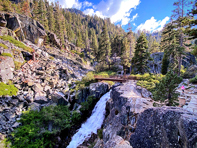 Nature's perfect postcard: Eagle Falls cascades dramatically between granite cliffs while a rustic bridge offers the ideal vantage point for wide-eyed visitors.
