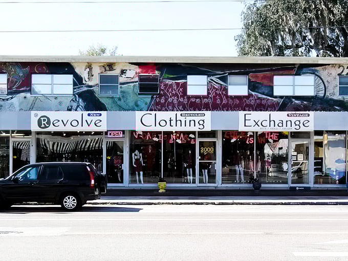 The red, white, and blue exterior of Revolve stands like a patriotic fashion embassy on St. Petersburg's streets, promising treasures within.