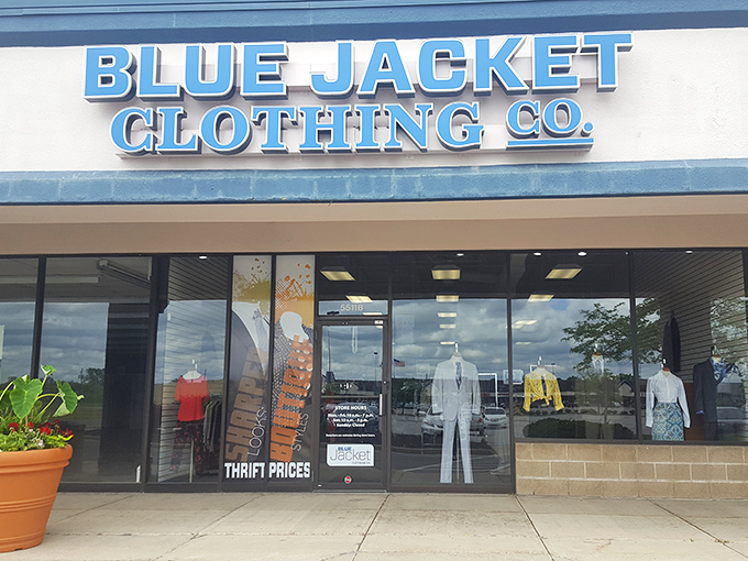 The blue awning of Blue Jacket Clothing Co. beckons like a fashion oasis in Fort Wayne, promising treasures that won't break the bank.