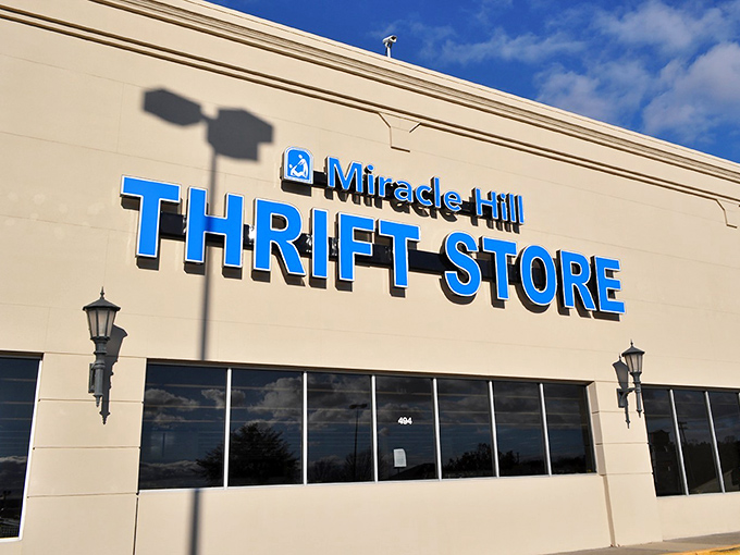 The blue lettering beckons like a siren song to bargain hunters. This isn't just a thrift store&mdash;it's a treasure-hunting expedition waiting to happen.