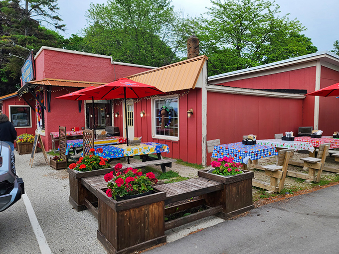 The cherry-red exterior of Scaturo's welcomes visitors like a warm hug, complete with colorful picnic tables and flower boxes that scream "Sit! Eat! Stay awhile!"