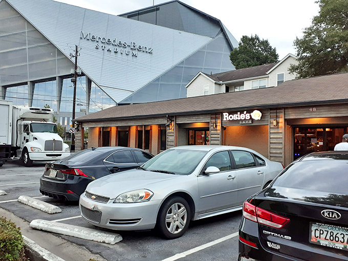 Rosie's Cafe stands proudly in the shadow of Mercedes-Benz Stadium, like a humble culinary superhero waiting to save your morning.