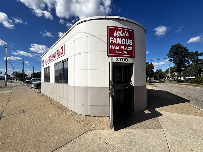 The architectural equivalent of a firm handshake – Mike's Famous Ham Place stands proudly on its Detroit corner, promising honest food without the fuss.