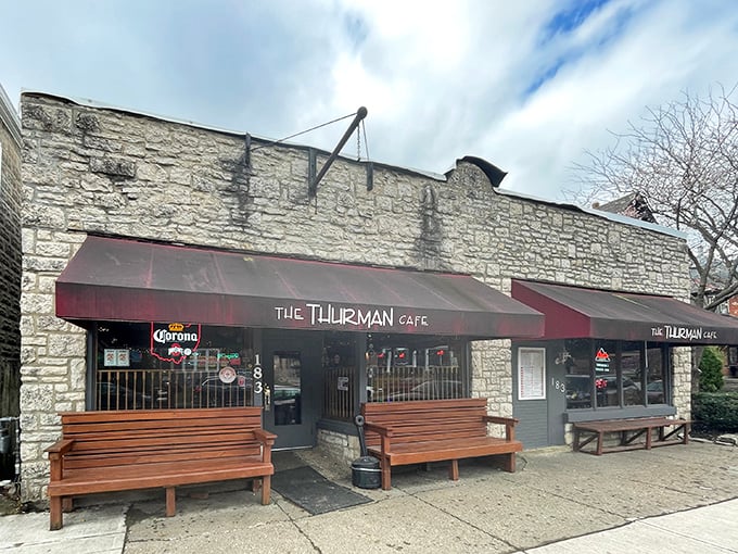 The unassuming stone exterior of The Thurman Cafe hides Columbus' most legendary burger joint. Those wooden benches aren't decorative&mdash;they're survival gear for the inevitable wait.