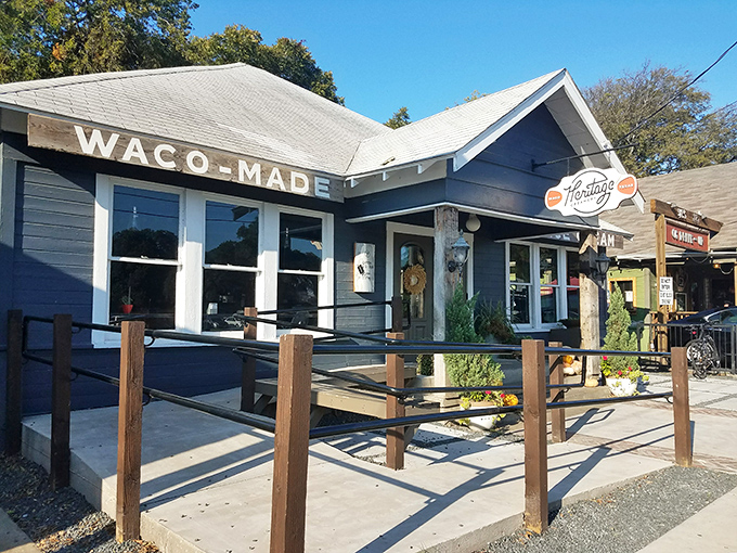The charming navy-blue exterior of Heritage Creamery stands like a beacon of sweet salvation against Texas' summer heat.
