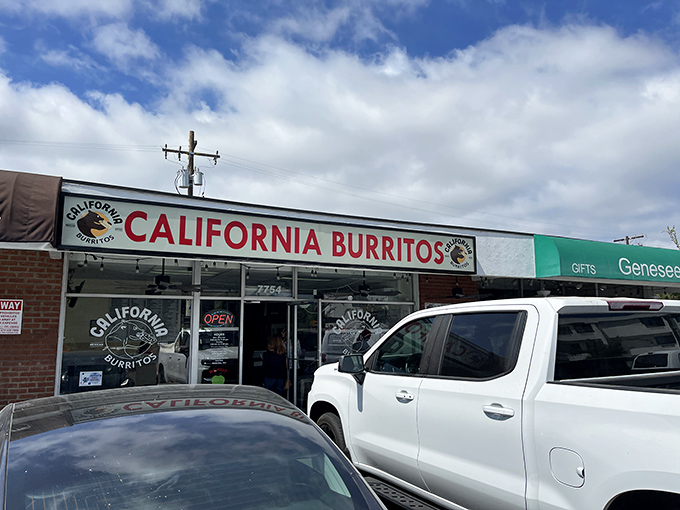 The unassuming storefront where breakfast dreams come true. California Burritos' bold red sign promises exactly what you'll get&mdash;no frills, just flavor.