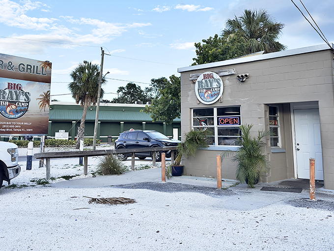 The little concrete block building that could! Big Ray's exterior mural tells you everything &ndash; this place takes fishing (and fish) seriously.