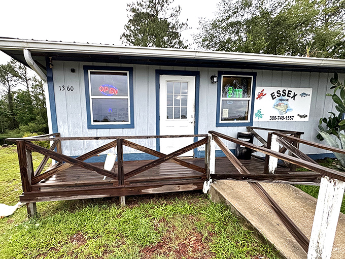 The blue exterior of Essex Seafood House stands like a humble sentinel of seafood excellence, promising treasures far beyond its modest appearance.