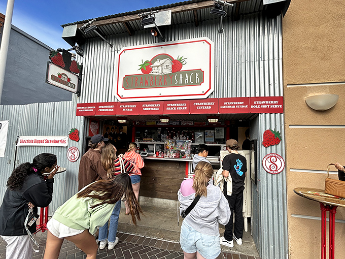 The Strawberry Shack's corrugated metal exterior proves that paradise doesn't need marble columns – just fresh berries and happy customers.