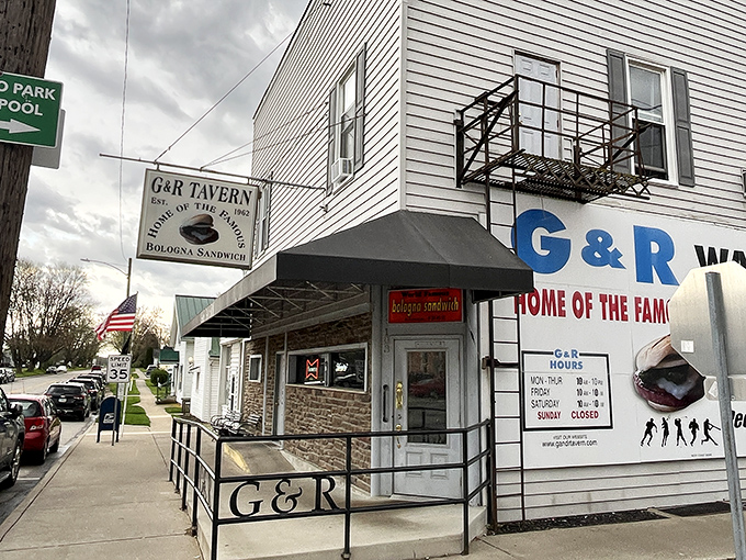 The unassuming exterior of G & R Tavern in Waldo, Ohio&mdash;proof that culinary legends don't need fancy facades to become destinations worth the drive.