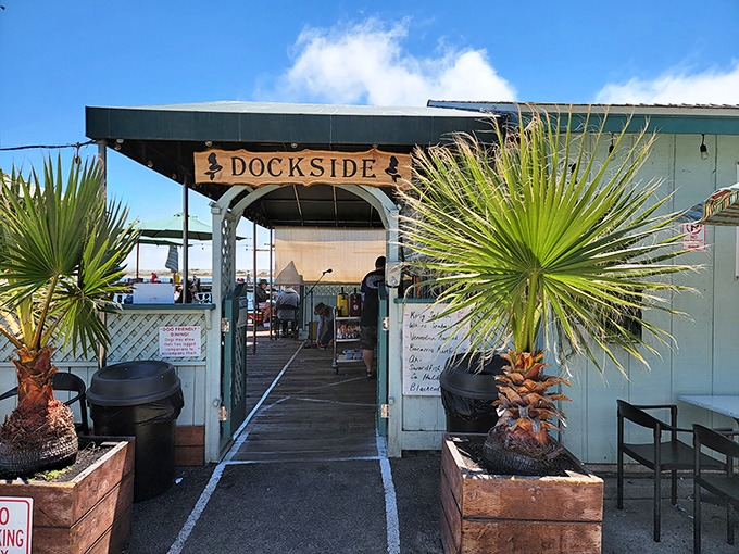 The entrance to seafood paradise! Palm-flanked doorway beckons hungry travelers into Dockside's unassuming sanctuary of oceanic delights.