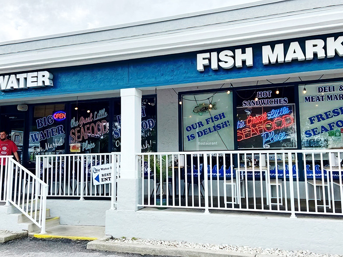 The unassuming storefront belies the seafood treasures within. Like finding a pearl in an oyster, Big Water Fish Market's exterior promises "Our Fish is Delish!"