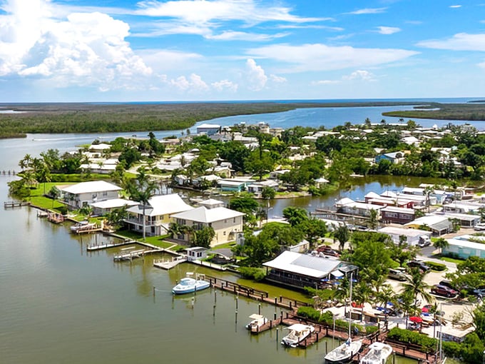 An aerial paradise that looks like Florida before developers discovered the state. Mangroves embrace this fishing village like a protective parent.