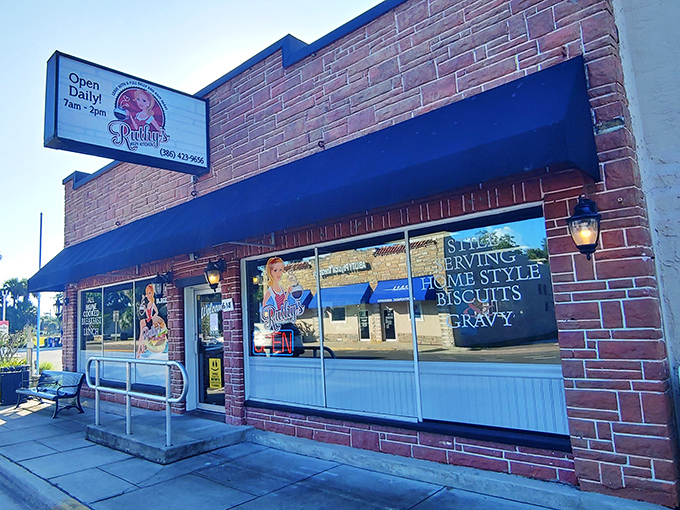 The brick exterior whispers "local secret" while the sign practically shouts "breakfast nirvana awaits inside!"