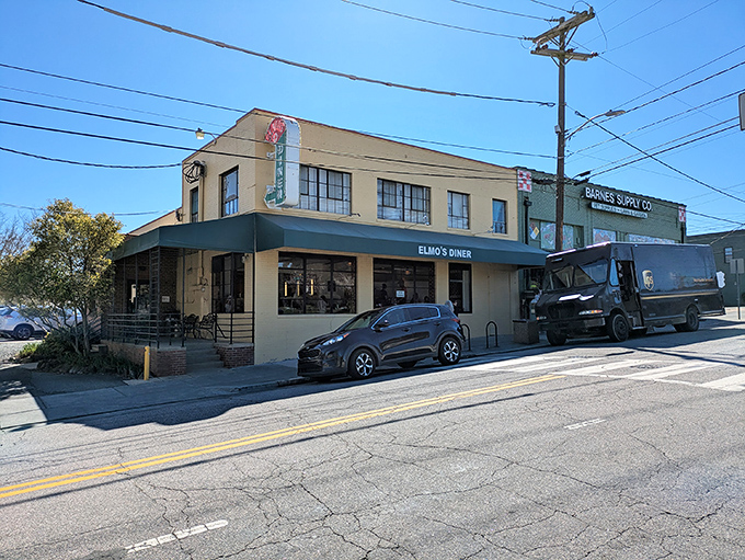 The unassuming exterior of Elmo's Diner stands like a beacon of breakfast hope on Durham's Ninth Street. No fancy frills, just honest-to-goodness food awaiting inside.