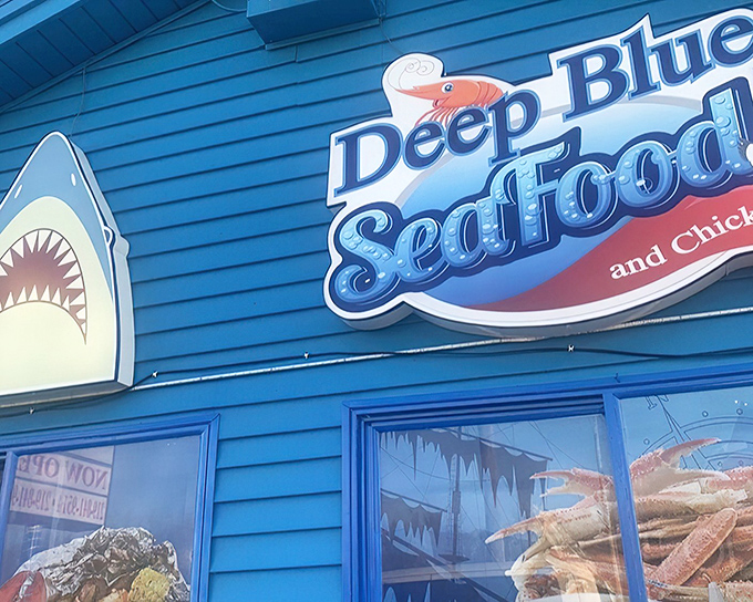 The vibrant blue exterior isn't just eye-catching&mdash;it's practically screaming "fresh seafood inside!" Like a coastal shack teleported to Indiana.