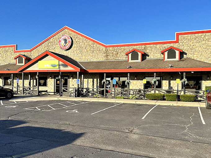 The stone facade of Wings and Rings in Lewis Center stands like a culinary fortress, promising delicious treasures within its welcoming walls.