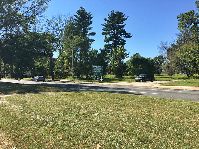 The unassuming entrance to Benjamin Rush State Park &ndash; where Philadelphia's concrete jungle gives way to towering pines and open skies. Nature's front porch awaits.