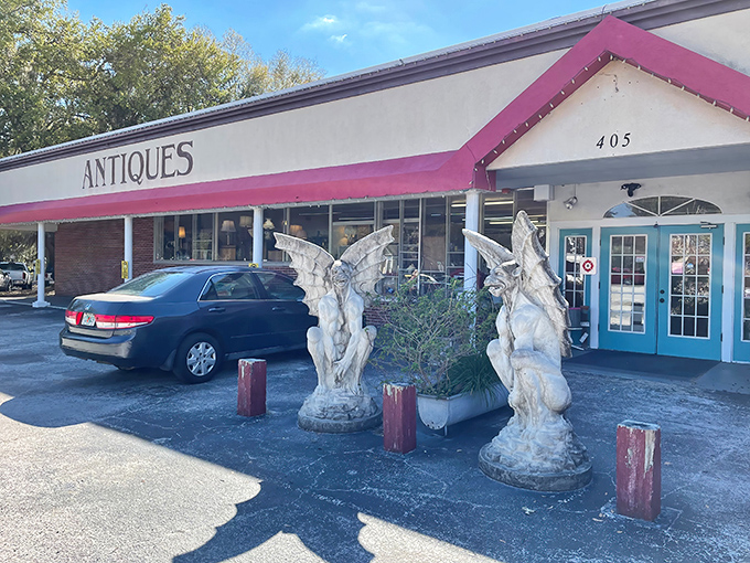 Those stone gargoyles aren't just decorative – they're the guardians of treasures waiting to be discovered inside this Mount Dora landmark.